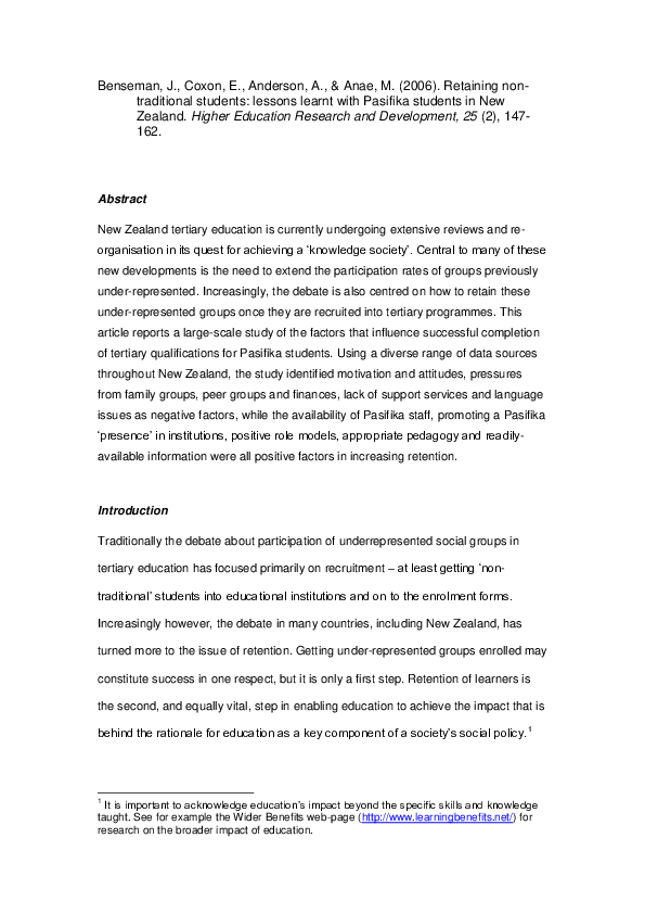 (PDF) Retaining non‐traditional students: lessons learnt from Pasifika ...