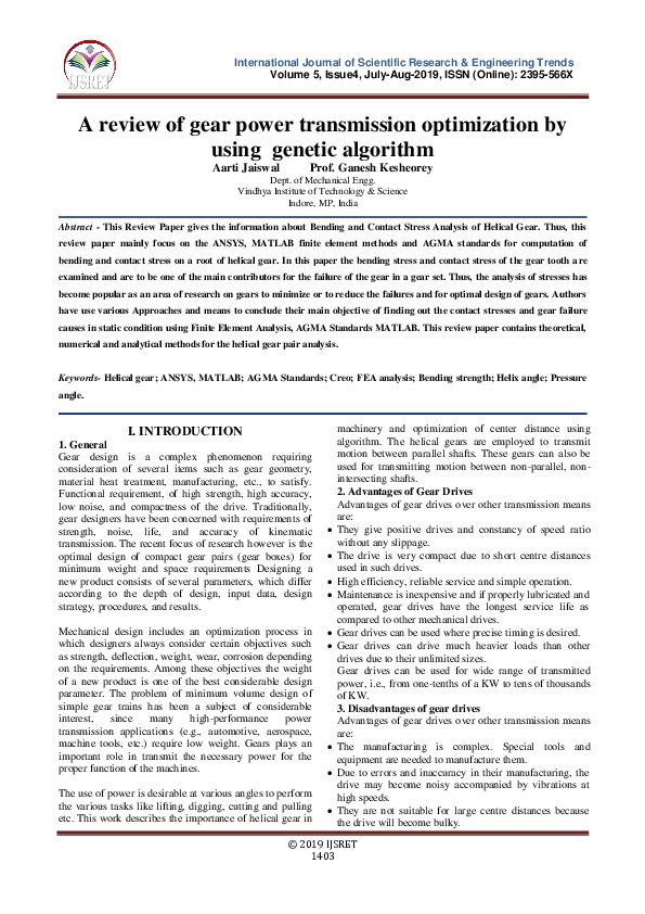 Pdf A Review Of Gear Power Transmission Optimization By Using Genetic Algorithm