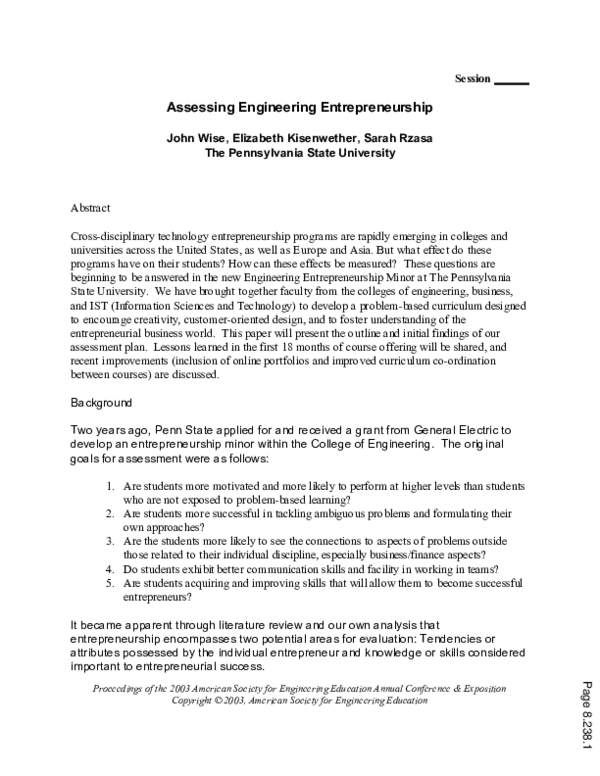 (PDF) Assessing Engineering Entrepreneurship