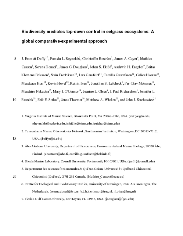 (PDF) Biodiversity mediates top-down control in eelgrass ecosystems: a ...