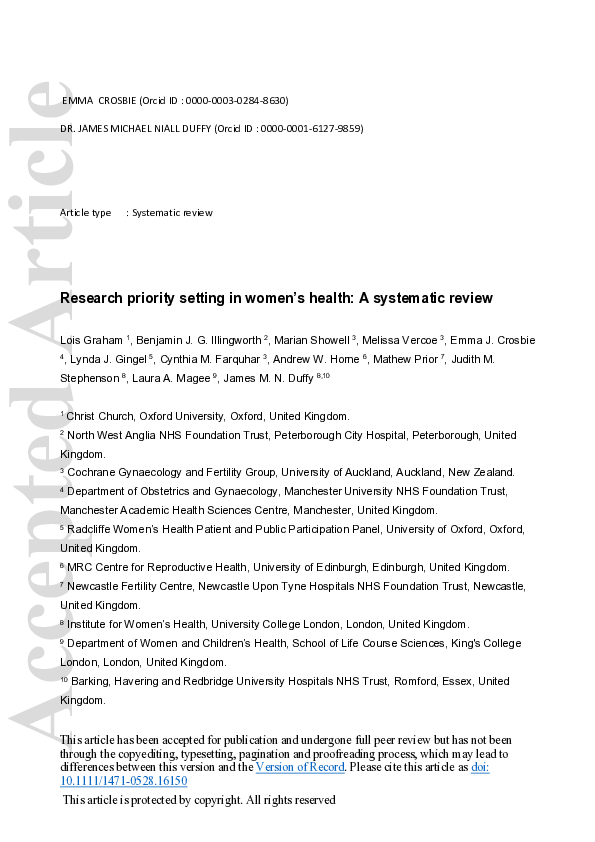 (PDF) Research priority setting in women’s health: a systematic review