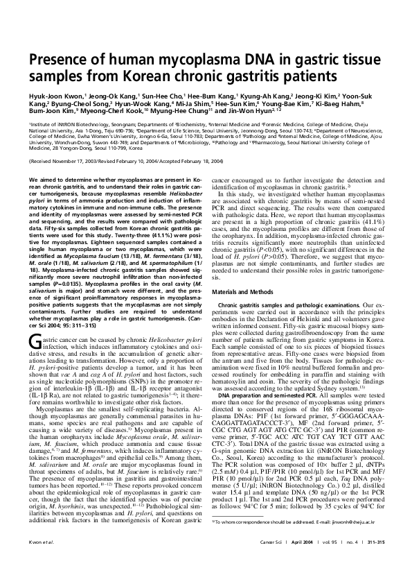 (PDF) Presence of human mycoplasma DNA in gastric tissue samples from ...