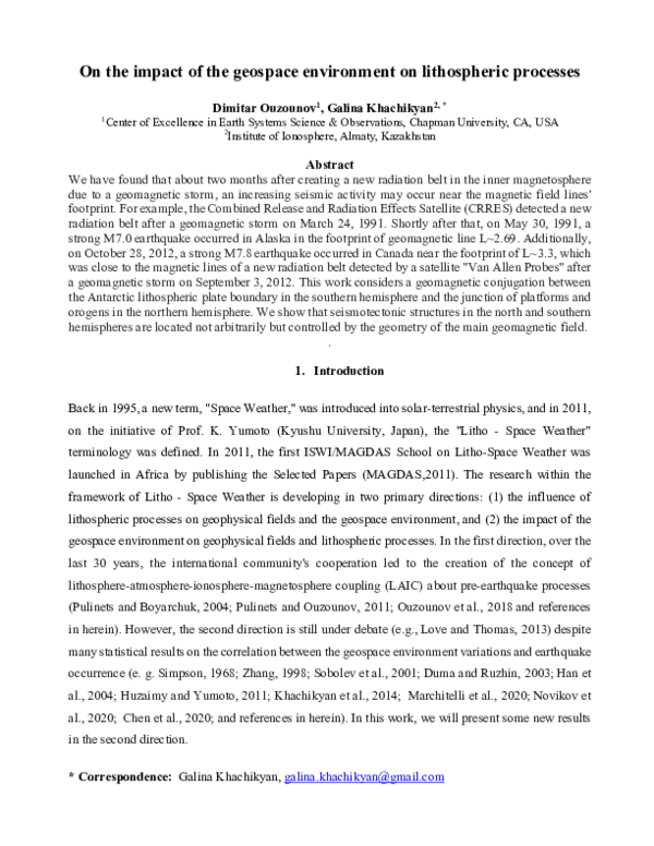 (PDF) On the impact of the geospace environment on lithospheric processes