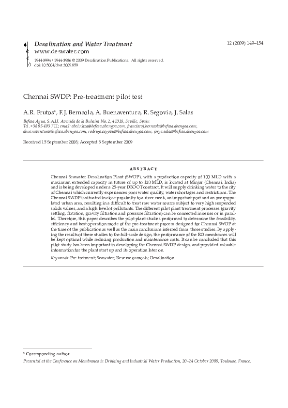 (PDF) Chennai SWDP: Pre-treatment pilot test