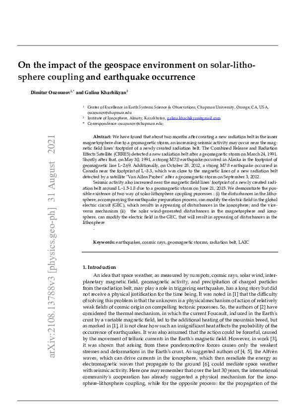 (PDF) On the impact of the geospace environment on so-lar-lithosphere coupling and earthquake ...