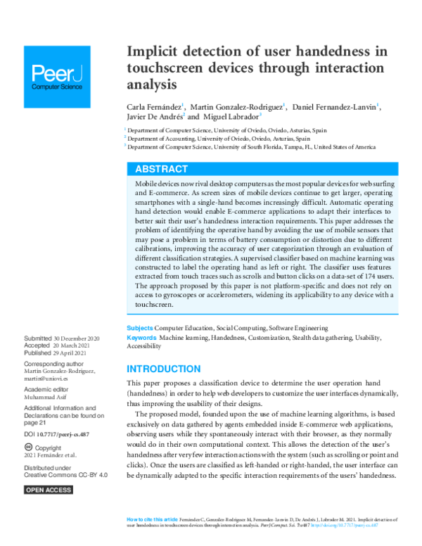 (PDF) Implicit detection of user handedness in touchscreen devices through interaction analysis ...