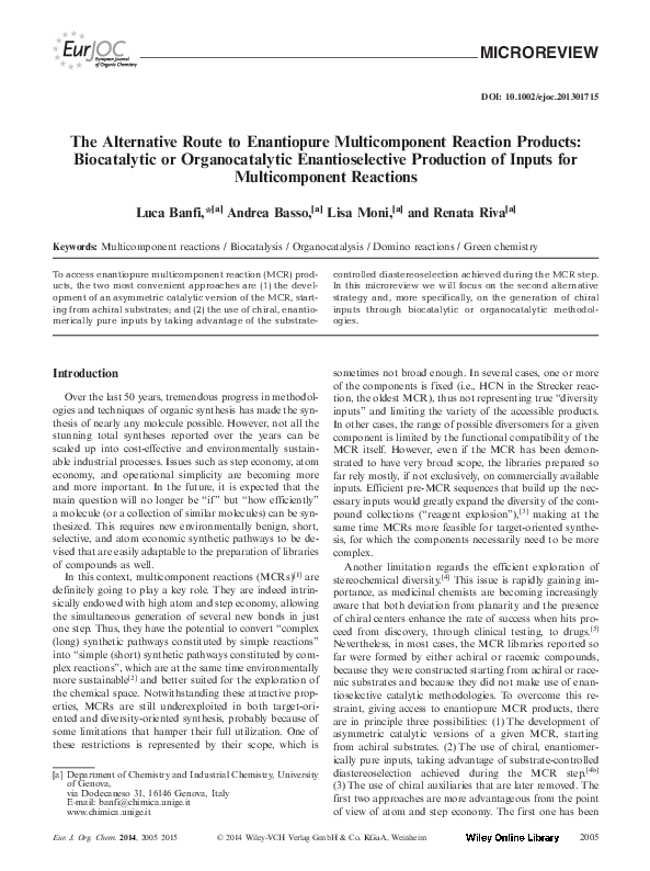 (PDF) The Alternative Route to Enantiopure Multicomponent Reaction ...