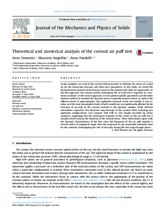 (PDF) Theoretical and numerical analysis of the corneal air puff test