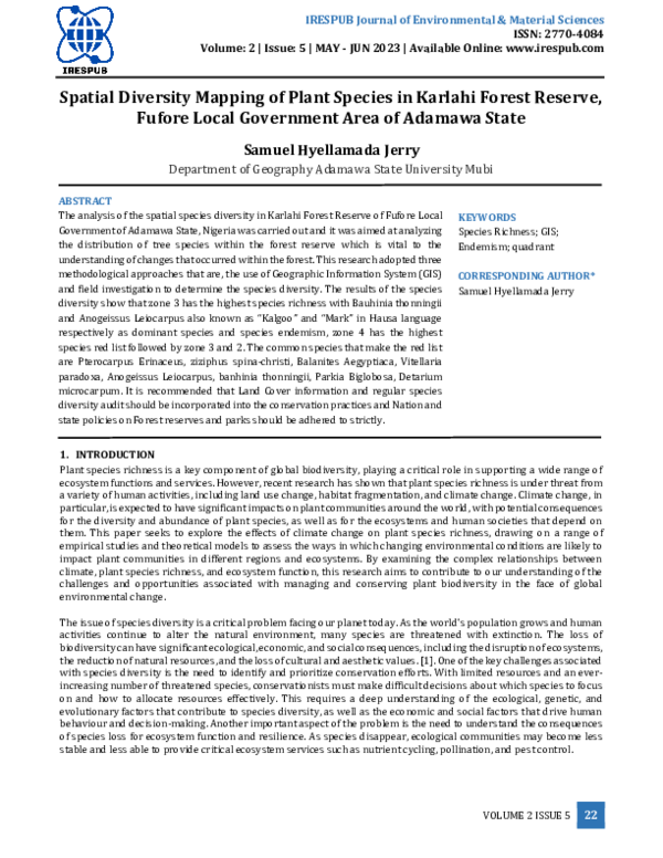 (PDF) Spatial Diversity Mapping of Plant Species in Karlahi Forest Reserve, Fufore Local ...