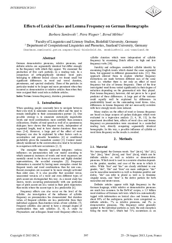 (PDF) Effects of lexical class and lemma frequency on German homographs