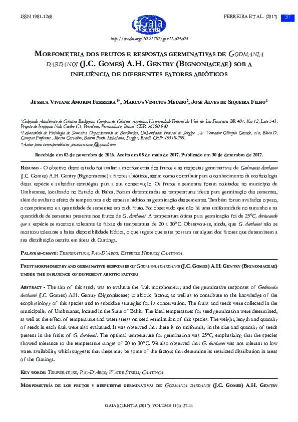 (PDF) Morfometria dos Frutos e Respostas Germinativas de Godmania ...