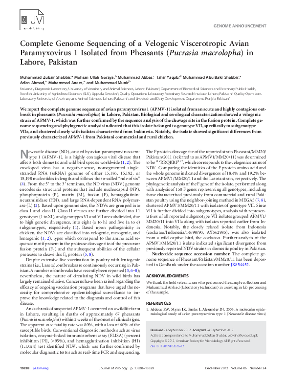 (PDF) Complete Genome Sequencing of a Velogenic Viscerotropic Avian ...