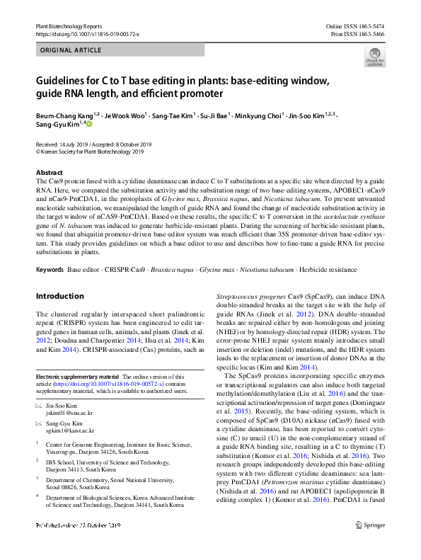(PDF) Guidelines for C to T base editing in plants: base-editing window ...