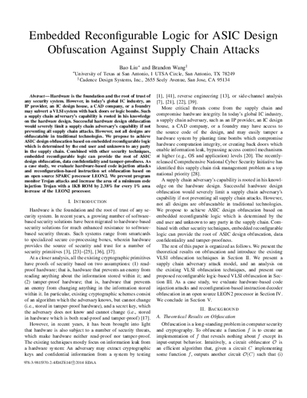 (PDF) Embedded reconfigurable logic for ASIC design obfuscation against ...