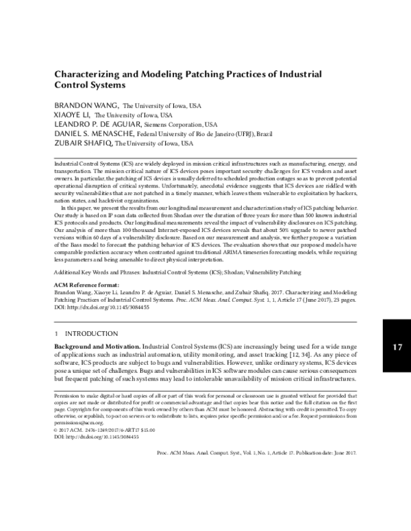 (PDF) Characterizing and Modeling Patching Practices of Industrial Control Systems
