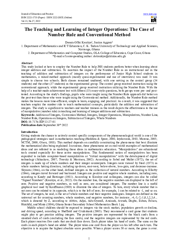 (PDF) The Teaching and Learning of Integer Operations: The Case of ...