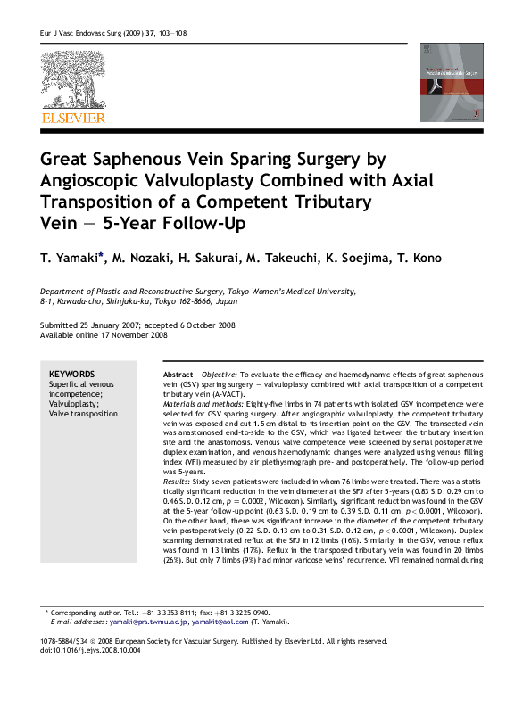 (PDF) Great Saphenous Vein Sparing Surgery by Angioscopic Valvuloplasty ...