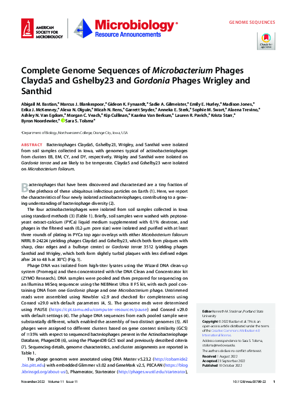 (PDF) Complete Genome Sequences of Microbacterium Phages Clayda5 and ...