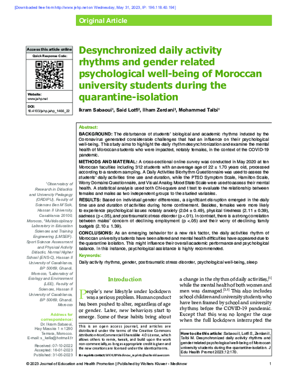 (PDF) Desynchronized daily activity rhythms and gender related ...