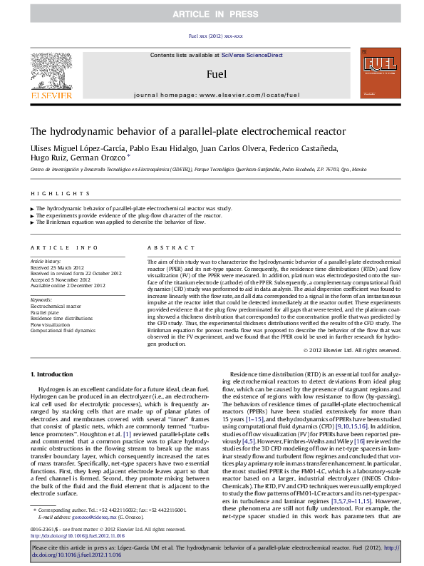 (PDF) The hydrodynamic behavior of a parallel-plate electrochemical reactor
