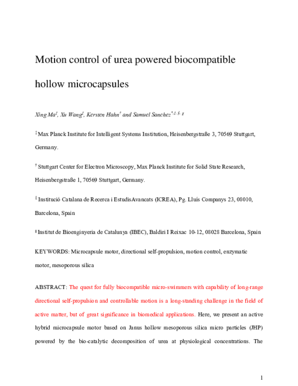 (PDF) Motion Control of Urea-Powered Biocompatible Hollow Microcapsules