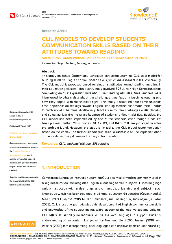 (PDF) Clil Models to Develop Students' Communication Skills Based on Their Attitudes Toward Reading
