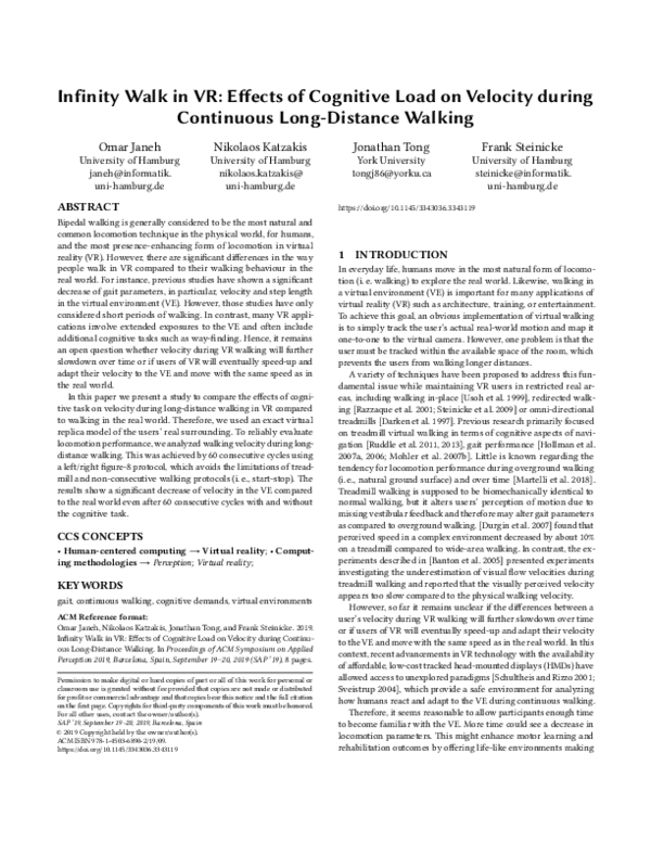 (PDF) Infinity Walk in VR: Effects of Cognitive Load on Velocity during ...