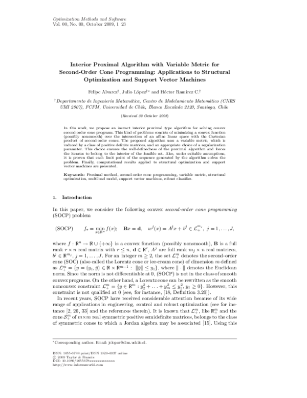 (PDF) Interior proximal algorithm with variable metric for second-order cone programming ...