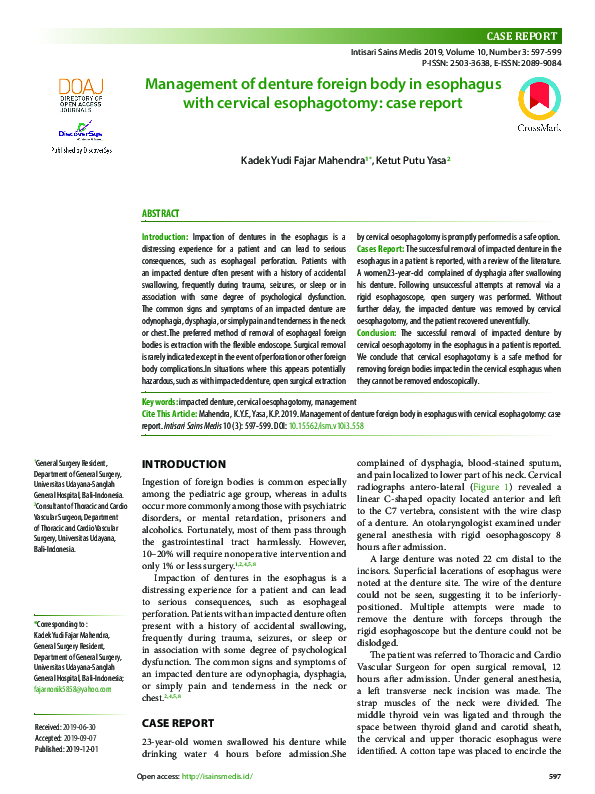 (PDF) Cervical Esophagotomy for Denture Removal