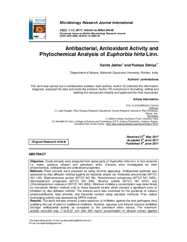 (PDF) Antibacterial, Antioxidant Activity and Phytochemical Analysis of Euphorbia hirta Linn