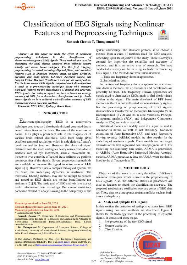 (PDF) Classification of EEG Signals using Nonlinear Features and Preprocessing Techniques