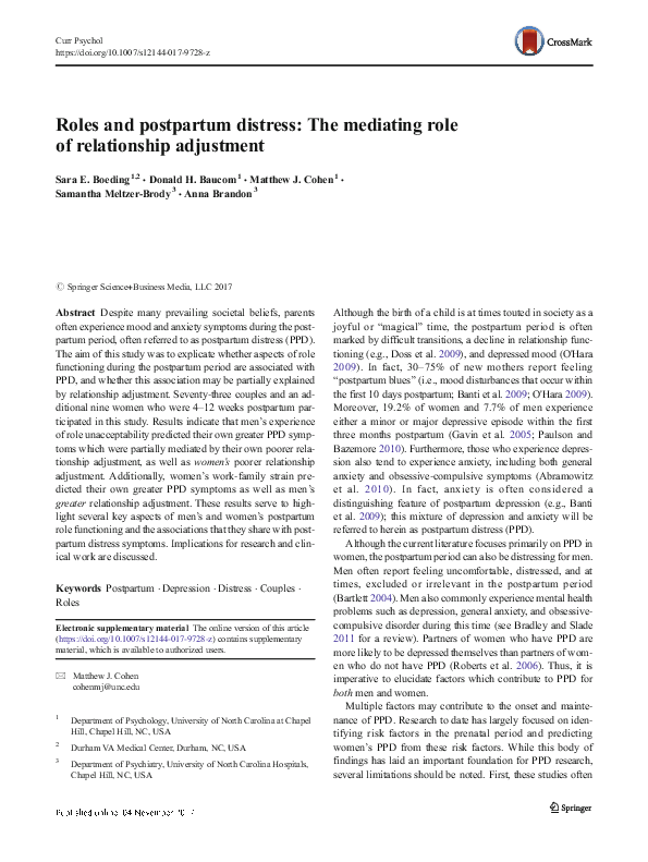 (PDF) Roles and postpartum distress: The mediating role of relationship ...