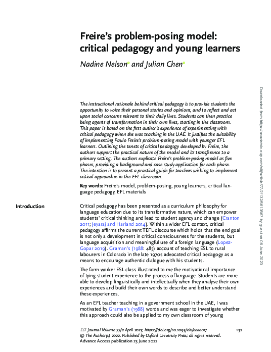 (PDF) Freire’s problem-posing model: critical pedagogy and young learners