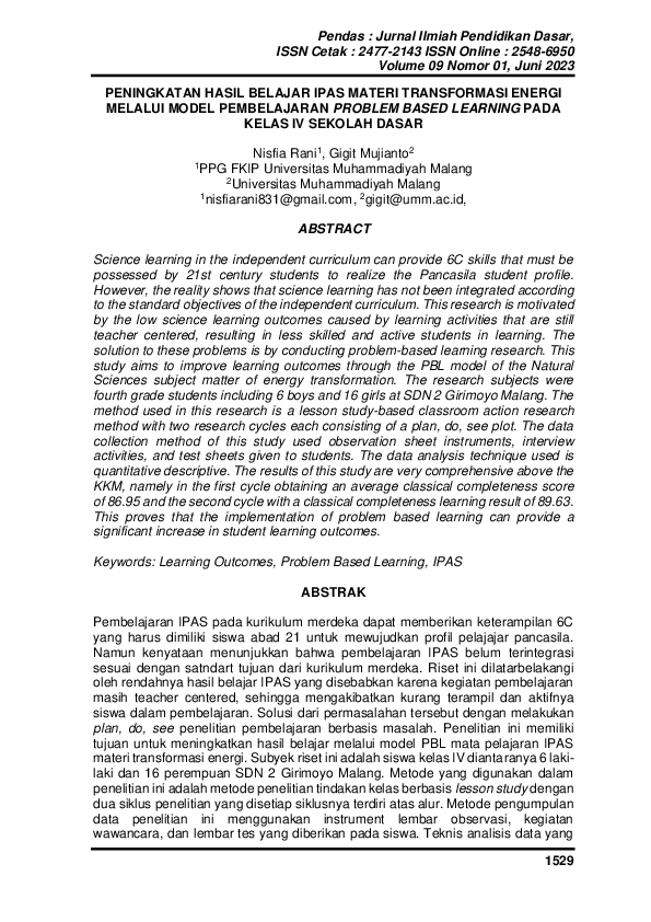 (PDF) Peningkatan Hasil Belajar Ipas Materi Transformasi Energi Melalui Model Pembelajaran ...