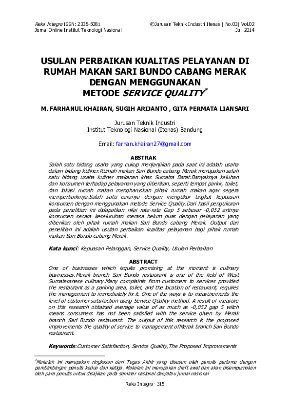 (PDF) Usulan Perbaikan Kualitas Pelayanan DI Rumah Makan Sari Bundo Cabang Merak Dengan ...