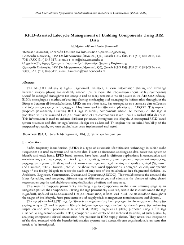 (PDF) RFID-Assisted Lifecycle Management of Building Components Using BIM Data | Amin Hammad ...
