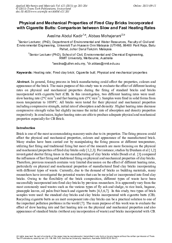 (PDF) Physical and Mechanical Properties of Fired Clay Bricks Incorporated with Cigarette Butts ...