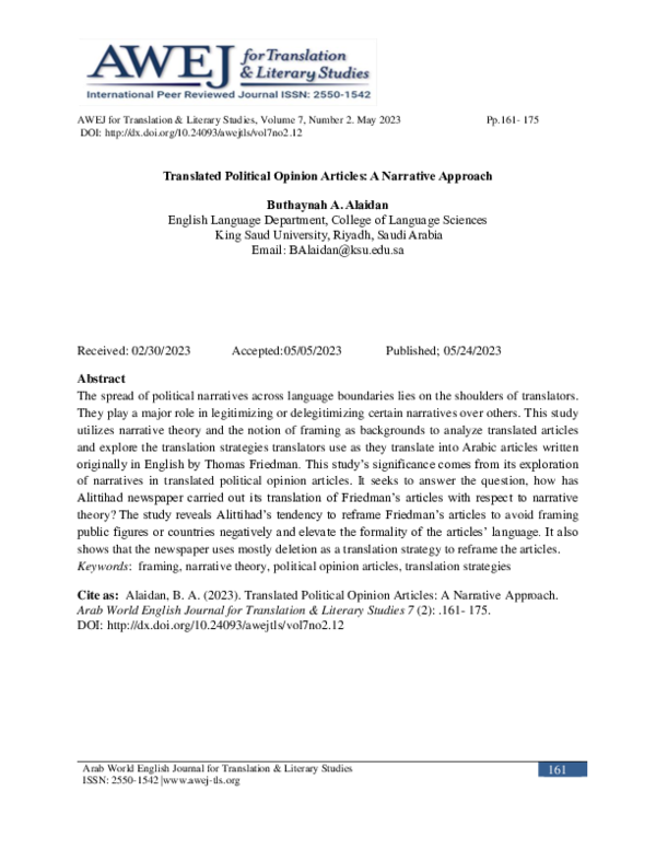 (PDF) Translated Political Opinion Articles: A Narrative Approach