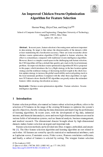 Pdf An Improved Chicken Swarm Optimization Algorithm For Feature Selection Anil Turukmane