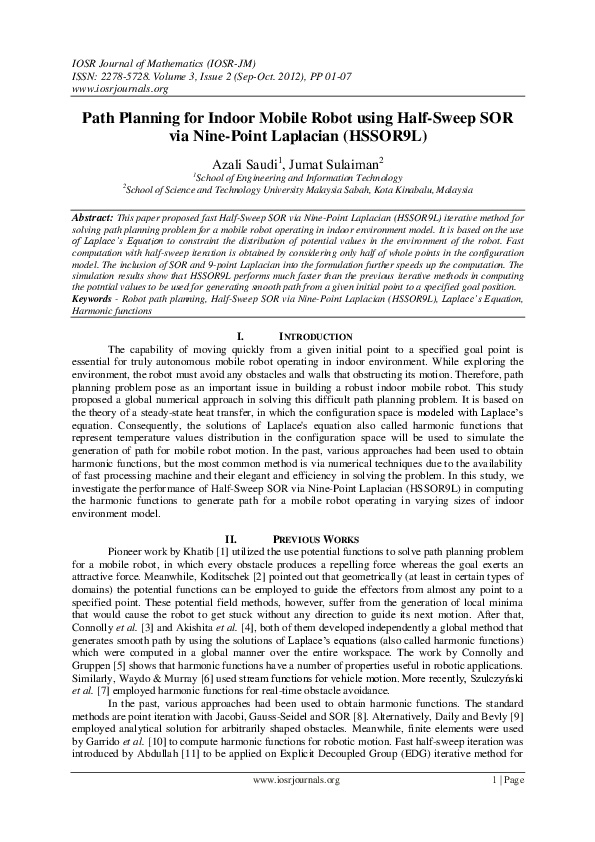 Pdf Path Planning For Indoor Mobile Robot Using Half Sweep Sor Via Nine Point Laplacian Hssor9l