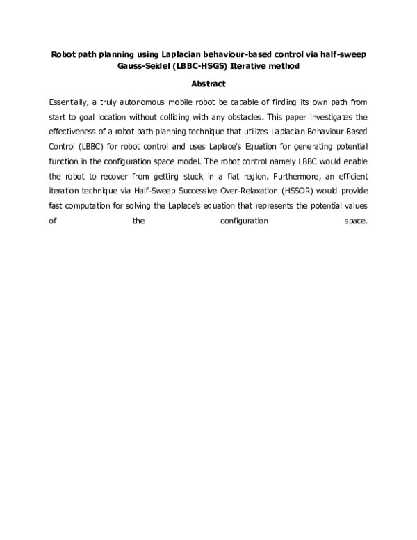 (PDF) Robot path planning using Laplacian Behaviour-Based Control (LBBC) via Half-Sweep SOR | J ...