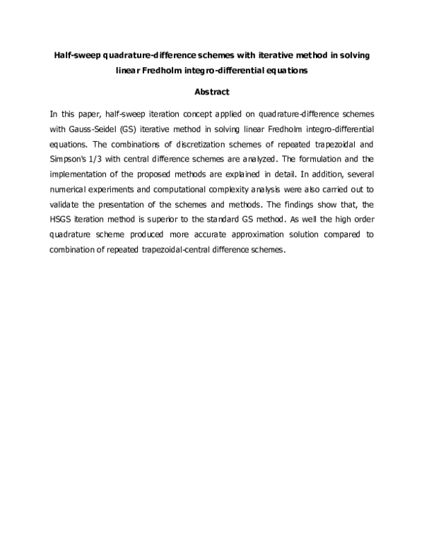 Pdf Half Sweep Quadrature Difference Schemes With Iterative Method In Solving Linear Fredholm 
