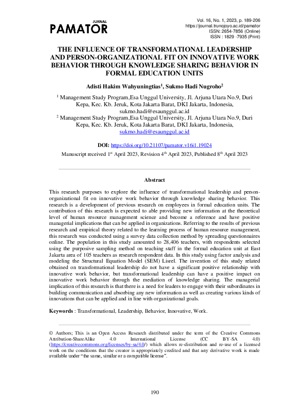 (PDF) The Influence Of Transformational Leadership And Person-Organizational Fit On Innovative ...