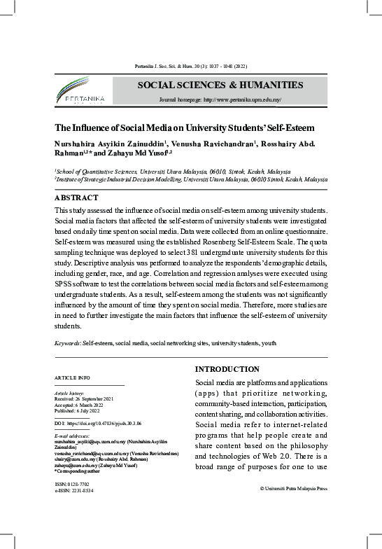 (PDF) The Influence of Social Media on University Students’ Self-Esteem