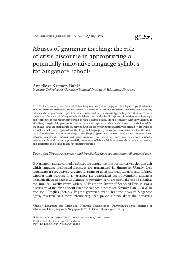 (PDF) Crisis Discourse and Its Impact on Grammar Teaching in Singapore