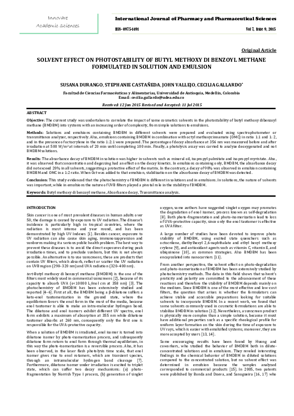(PDF) Solvent Effect on Photostability of Butyl Methoxy DI Benzoyl ...