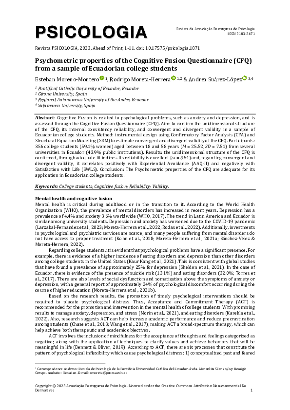 (PDF) Psychometric properties of the Cognitive Fusion Questionnaire ...