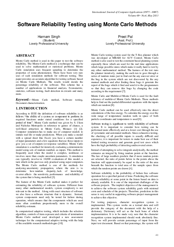 Pdf Software Reliability Testing Using Monte Carlo Methods