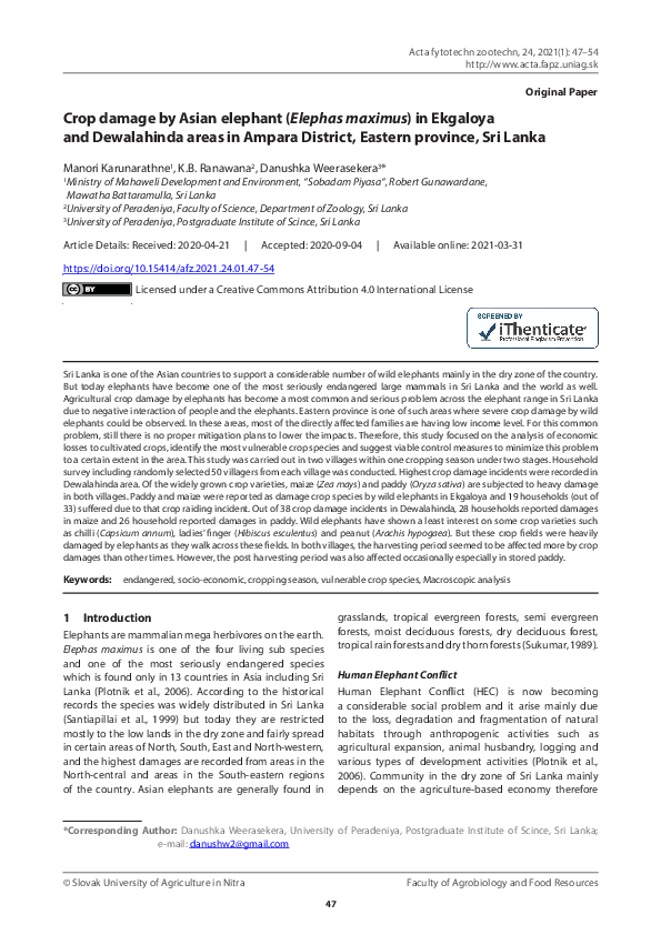 (PDF) Crop damage by Asian elephant (Elephas maximus) in Ekgaloya and ...