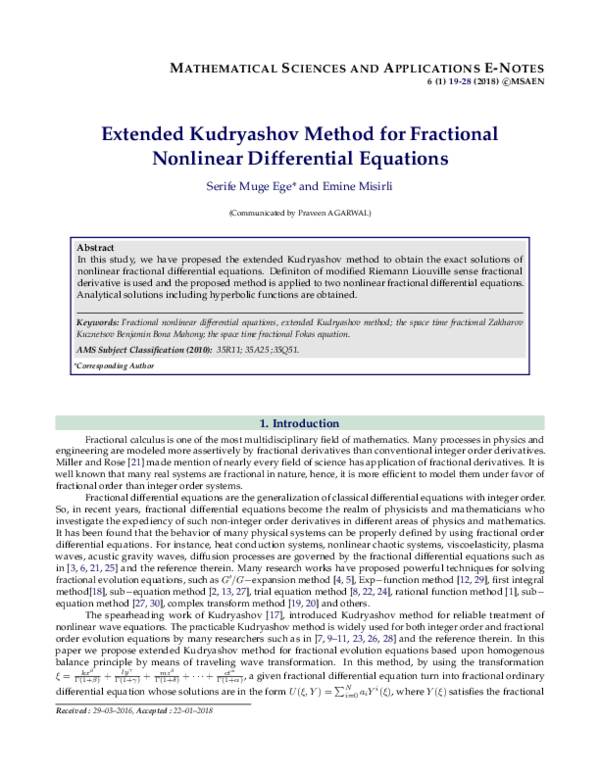 (PDF) Extended Kudryashov Method for Fractional Nonlinear Differential Equations
